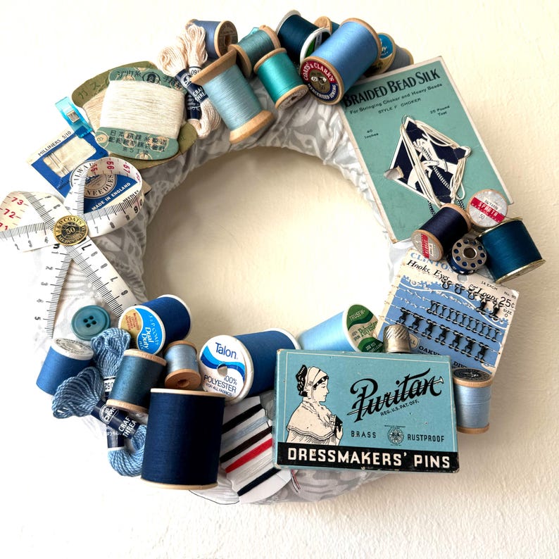 12" Hanging Vintage Sewing Wreath in Blue - Perfect Gift for Quilters ...