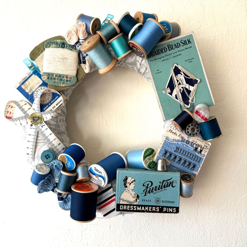 12" Hanging Vintage Sewing Wreath in Blue - Perfect Gift for Quilters ...