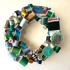 12" Hanging Vintage Sewing Wreath in Green and Blue - Perfect Gift for ...