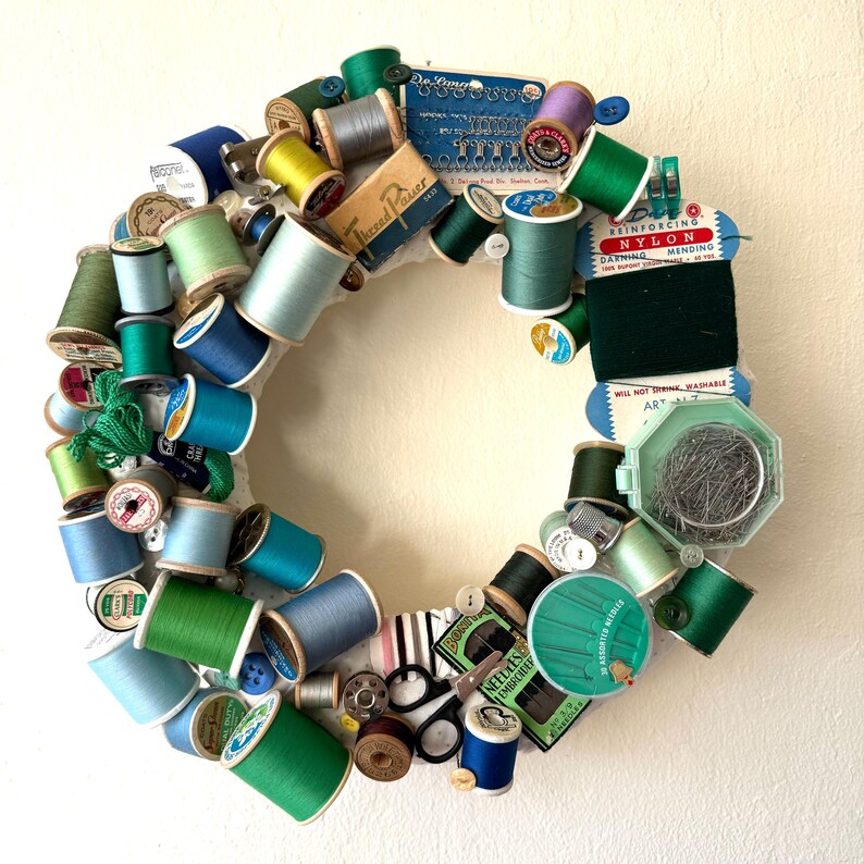 12" Hanging Vintage Sewing Wreath in Green and Blue - Perfect Gift for ...