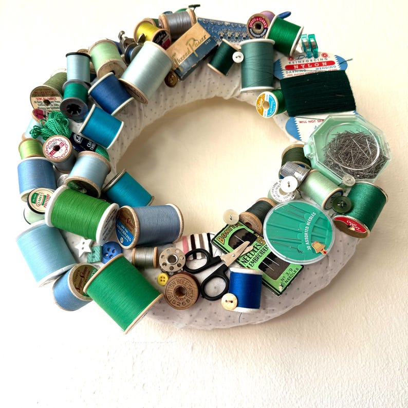 12" Hanging Vintage Sewing Wreath in Green and Blue - Perfect Gift for ...