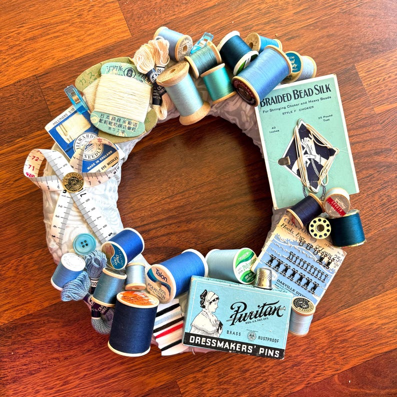 12 Hanging Vintage Sewing Wreath in Blue Perfect Gift for Quilters ...