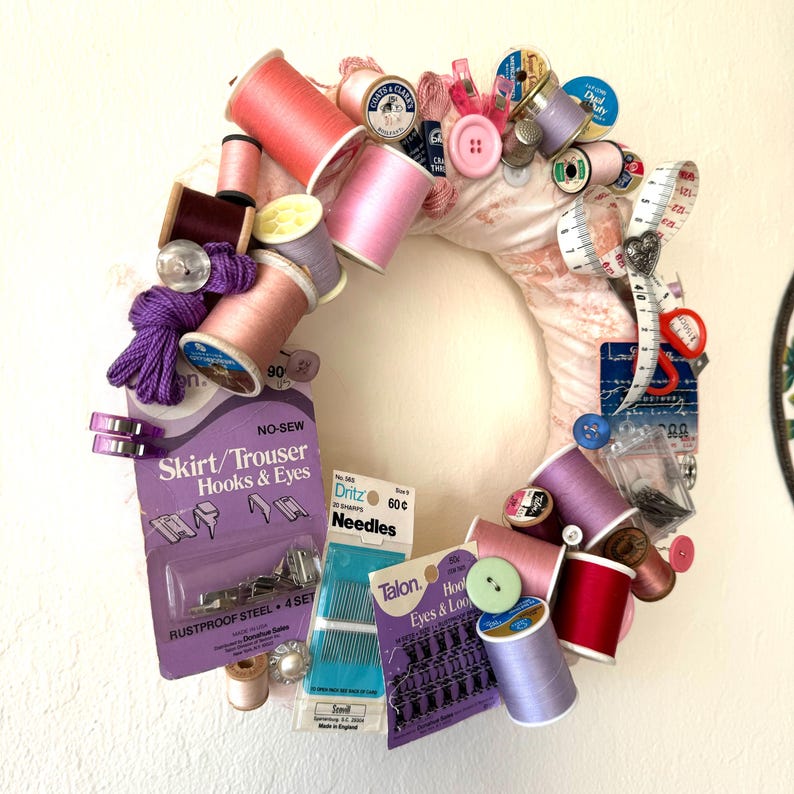12" Hanging Vintage Sewing Wreath in Pink and Purple - Perfect Gift for ...