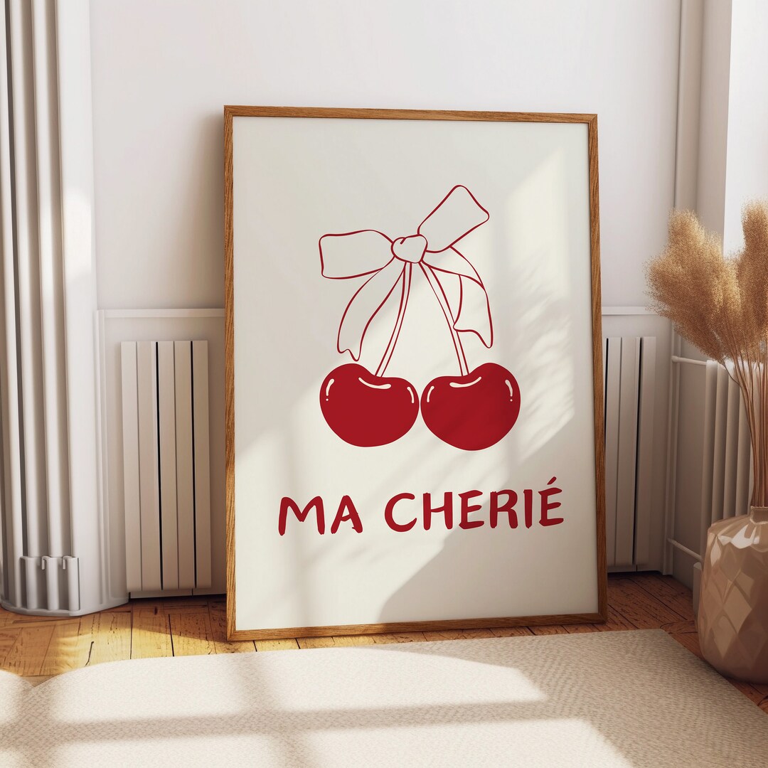 Ma Cherie Digital Cherry Poster, Cherry Bow Print, Trendy Wall Art ...