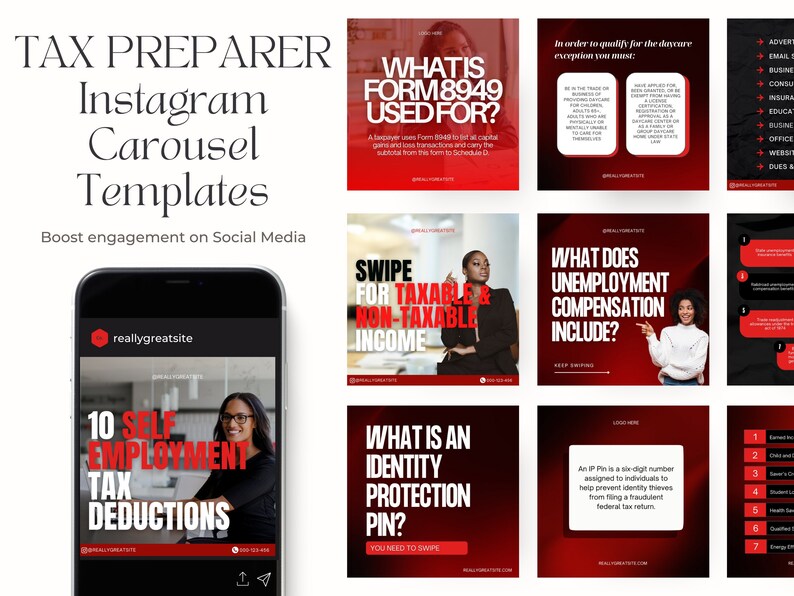 Tax Prep Instagram Carousel Templates: Black & Red Canva Flyers (25 ...