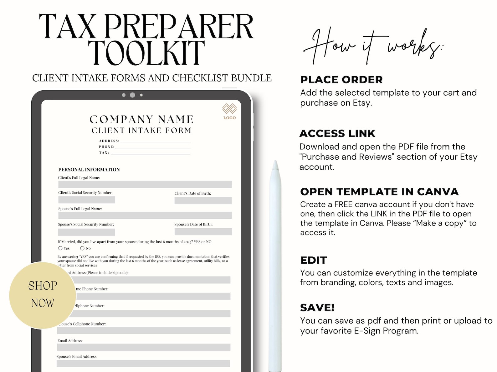 Tax Preparer Toolkit: Intake Forms & Checklist (canva Template) - Etsy