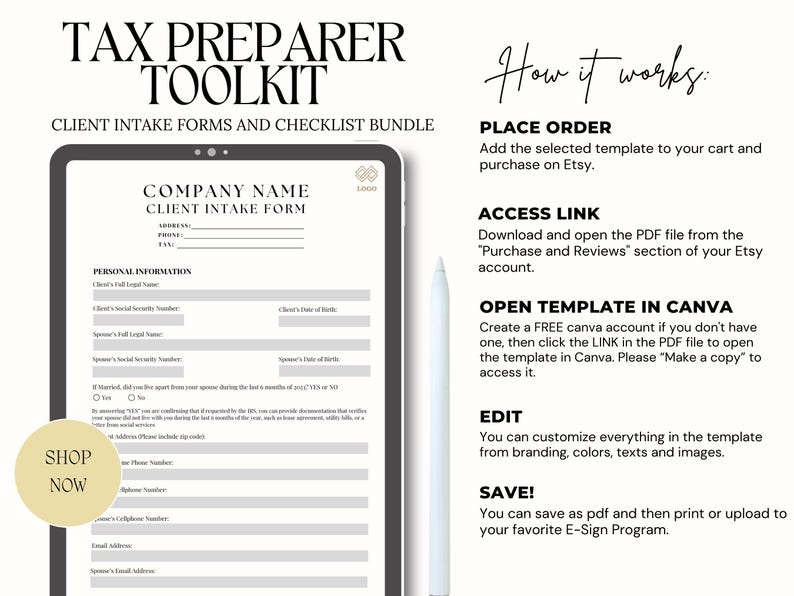 Tax Preparer Toolkit: Intake Forms & Checklist (canva Template) - Etsy