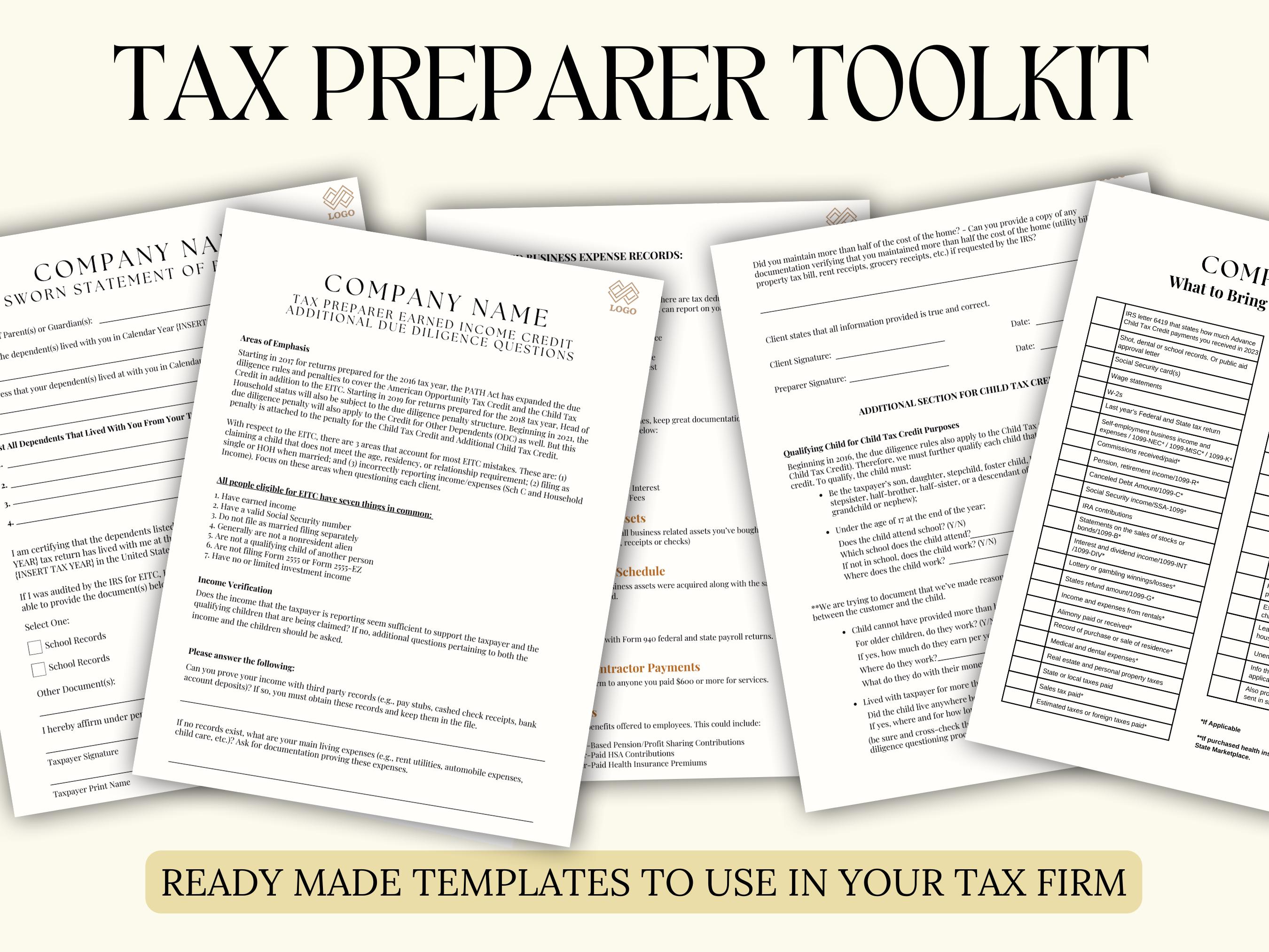 Tax Preparer Toolkit: Intake Forms & Checklist (canva Template) - Etsy