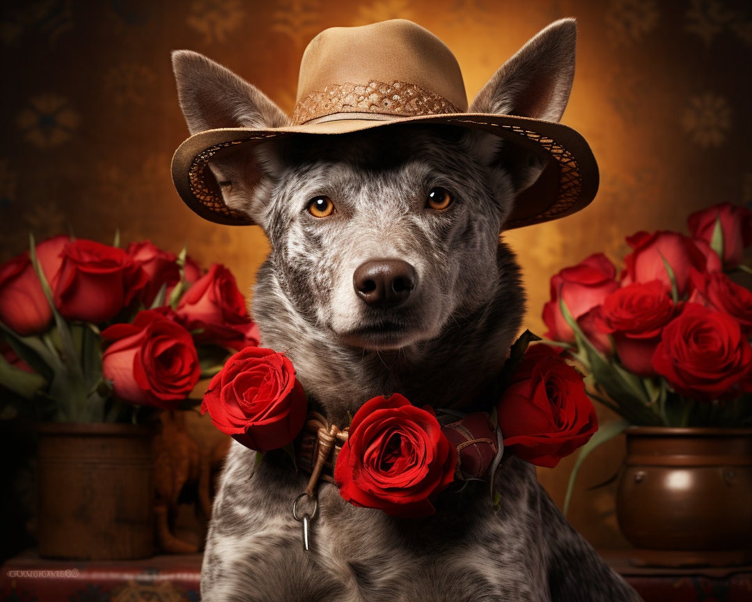 Rustic Romance Cattle Dog With Roses Valentine's Portrait - Etsy