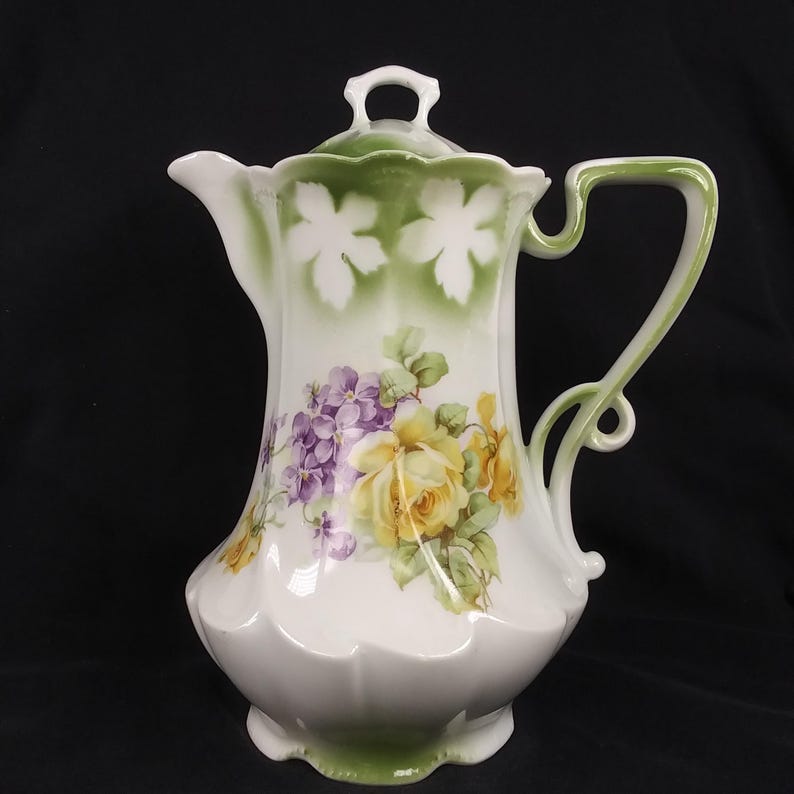 German Chocolate Pot Floral Pattern Purple & Peach Flowers Antique ...