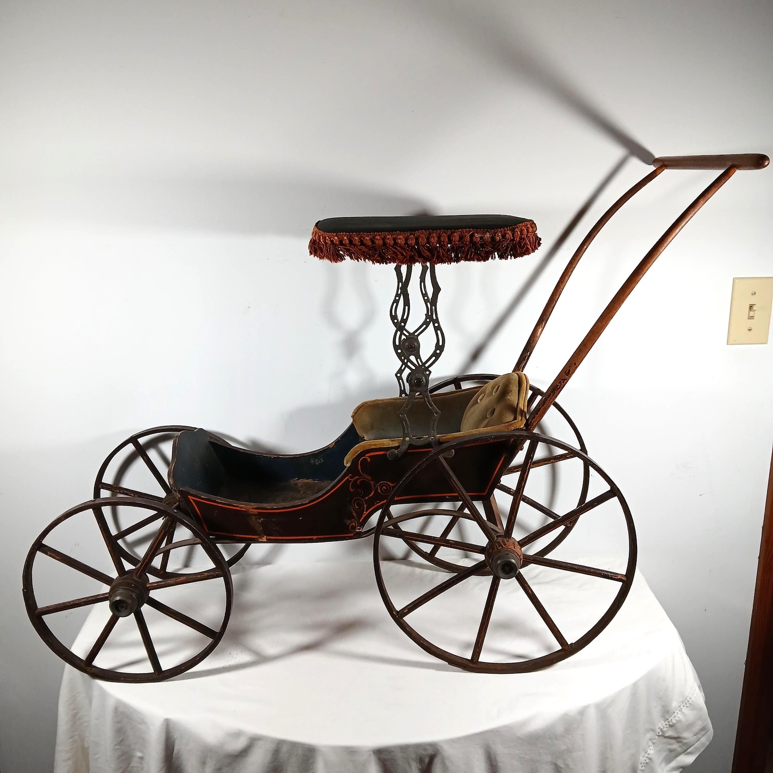 Antique Victorian Doll Carriage With Fringed Tiltable Canopy Painted ...
