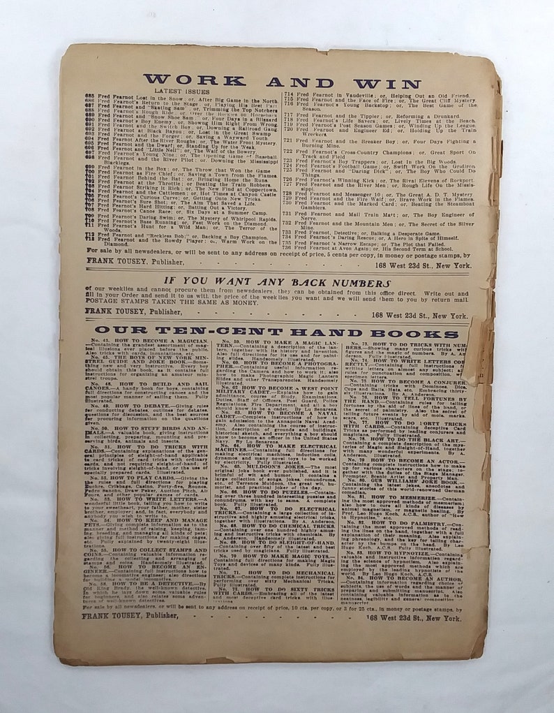 Work and Win Weekly Antique Pulp Magazine No. 734 New York December 27 ...