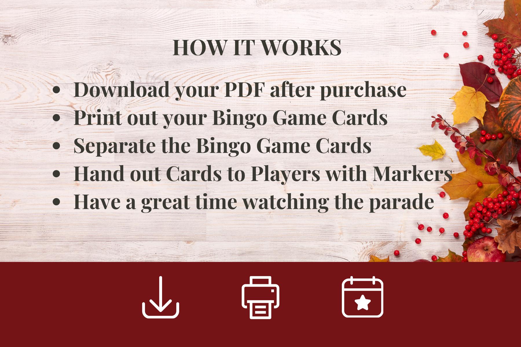 Thanksgiving Day Parade Bingo Game Printable Macy's Parade Bingo Game ...
