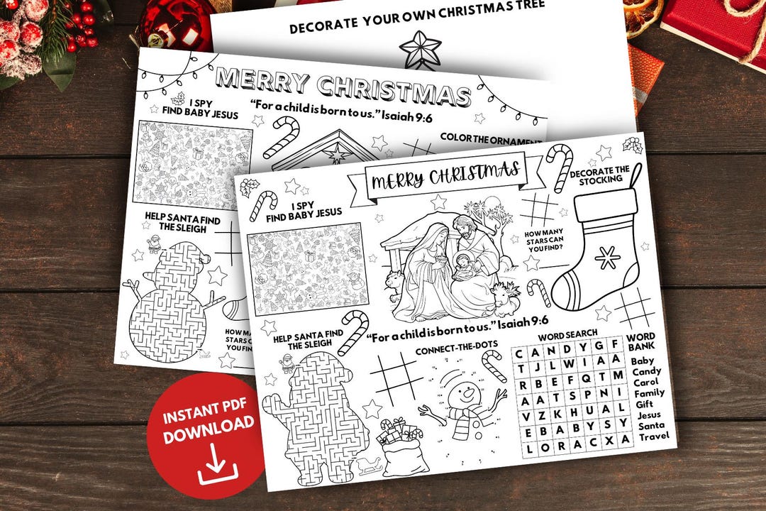 Christmas Activity Placemat Kids Printable Christian Christmas Placemat ...