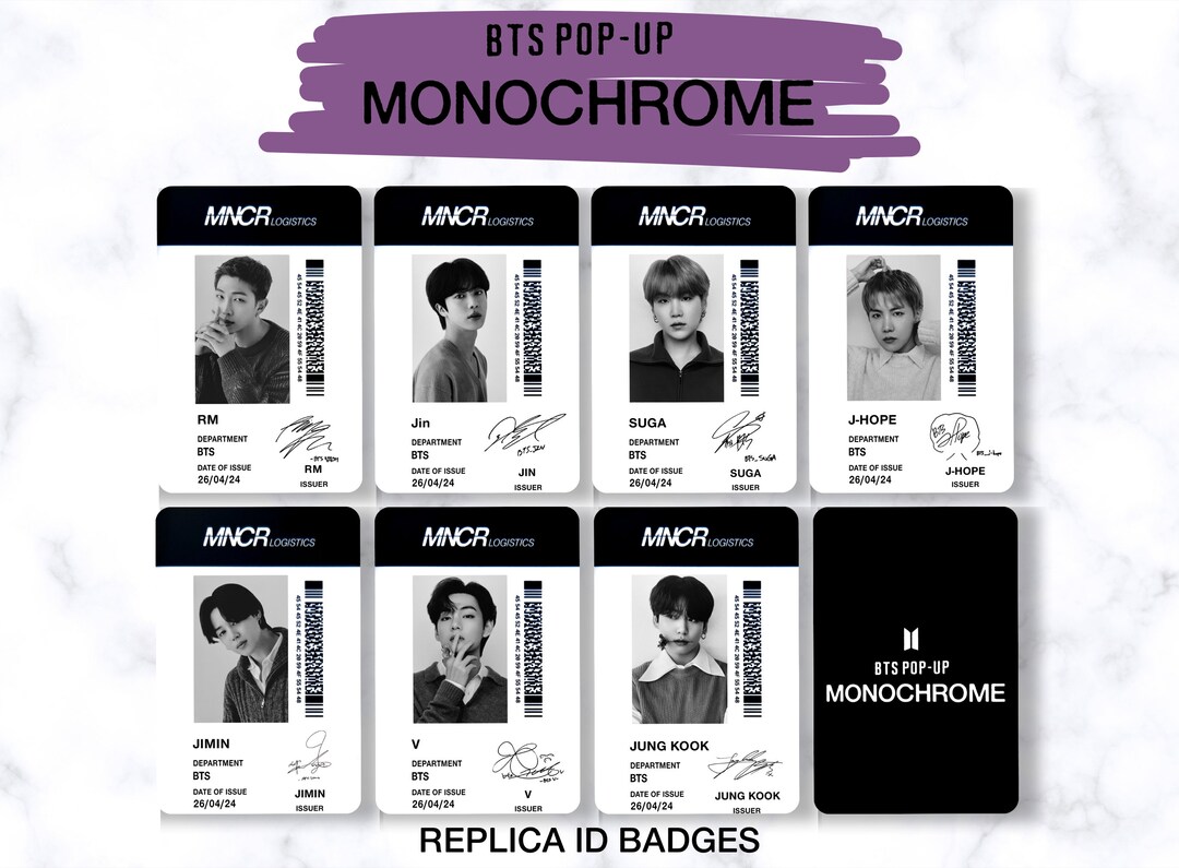 BTS Monochrome ID Badges Bts Photocards, Bts Gifts, Agustd Jimin ...