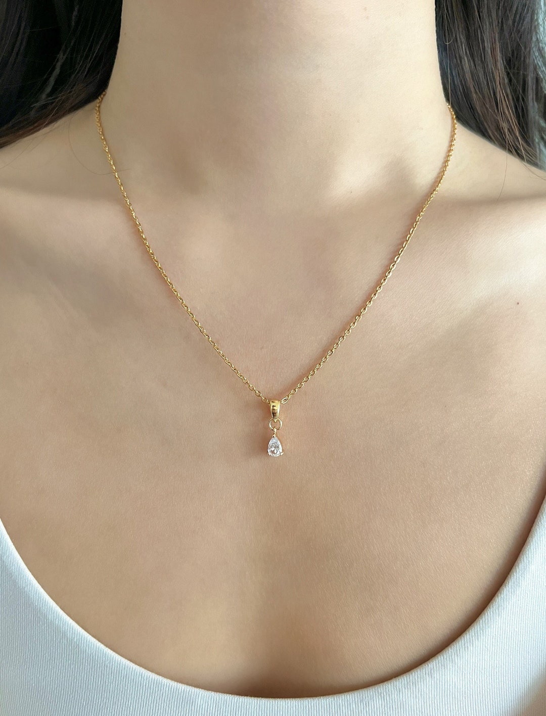 Tiny Pear Diamond Necklace Hypoallergenic Teardrop Necklace Dainty 18k ...