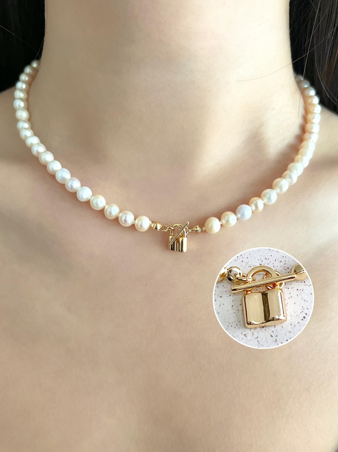 Padlock Pearl Necklace 18K Gold Toggle Pearl Necklace, Freshwater Pearl ...