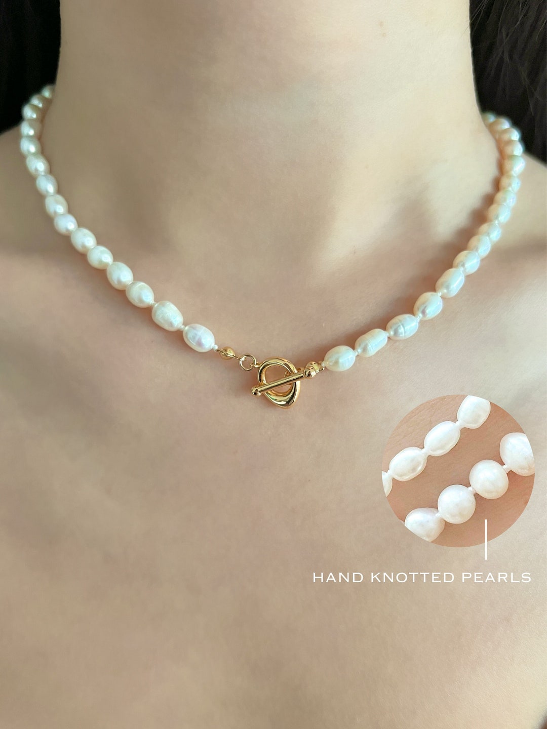 Oval Pearl Necklace With Oval Toggle Real Freshwater Pearl Necklace for ...