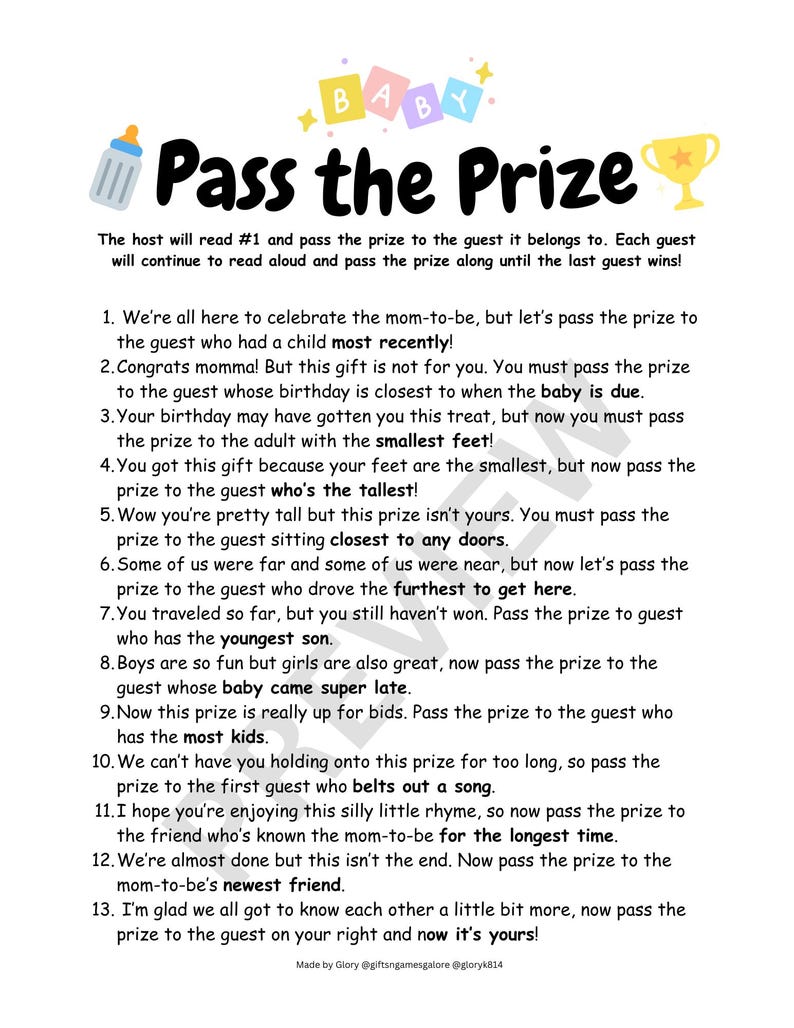 Pass the Prize Baby Shower Game: Large Crowd Activity (digital) - Etsy