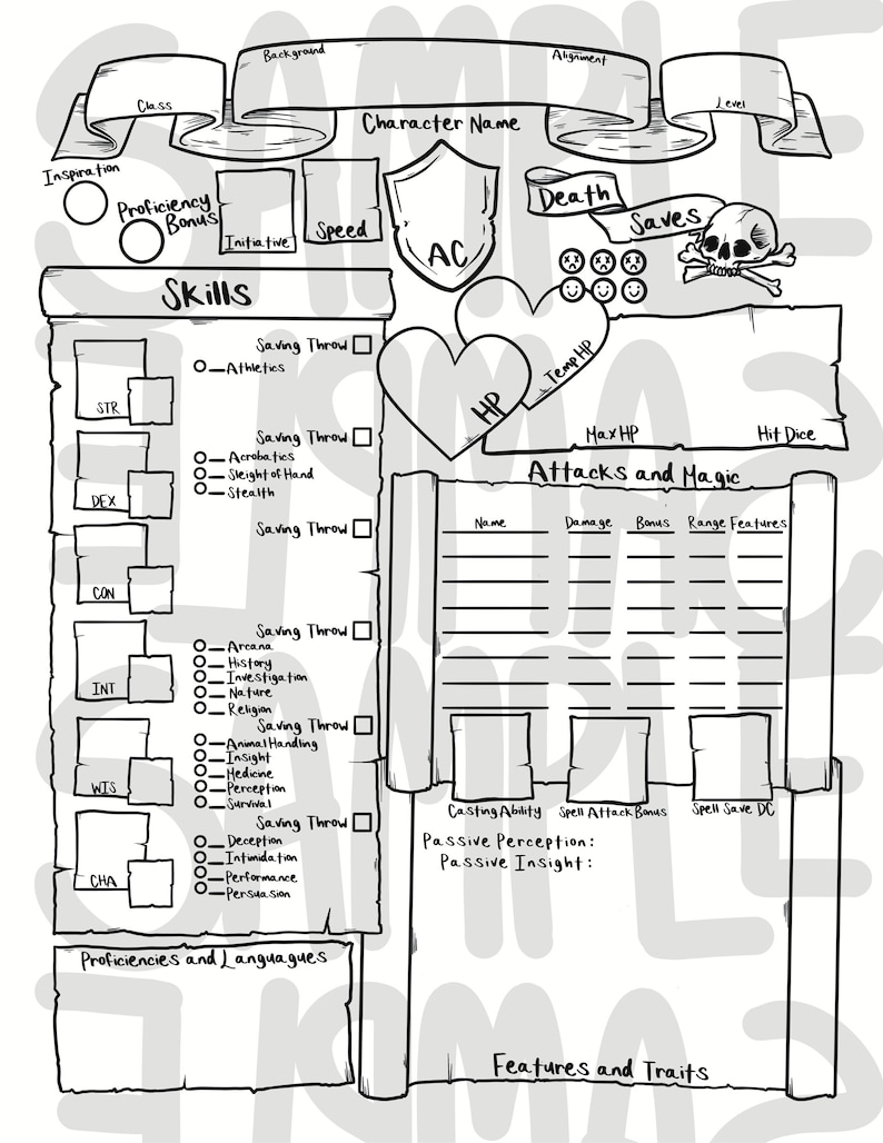 Dungeons and Dragons 5E Character Sheet Hand Drawn Unique Character ...