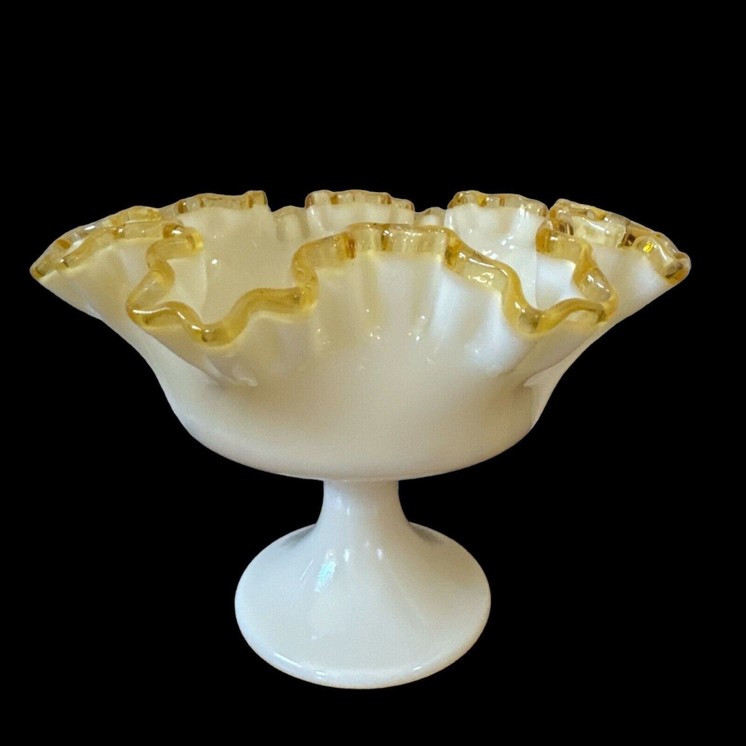 Vintage Fenton Yellow Crest Creamy Ivory Milk Glass Pedestal Candy Dish ...