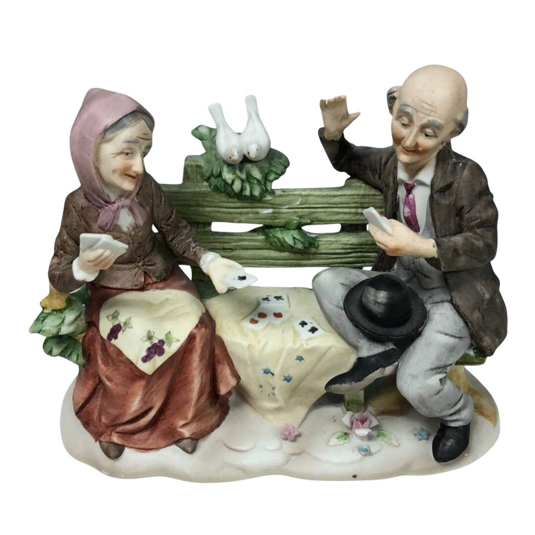 Vintage LEFTON Ceramic Man & Woman Playing Cards Figurine on Bench With ...