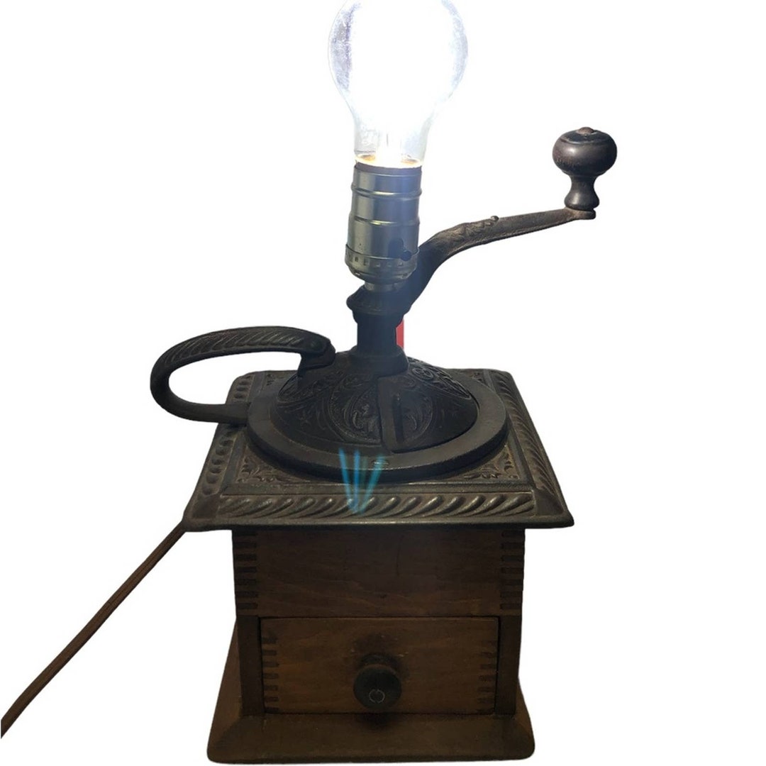Vtg LAMP Antique Wood Coffee Bean Burr Grinder Mill Manual Cast Iron ...