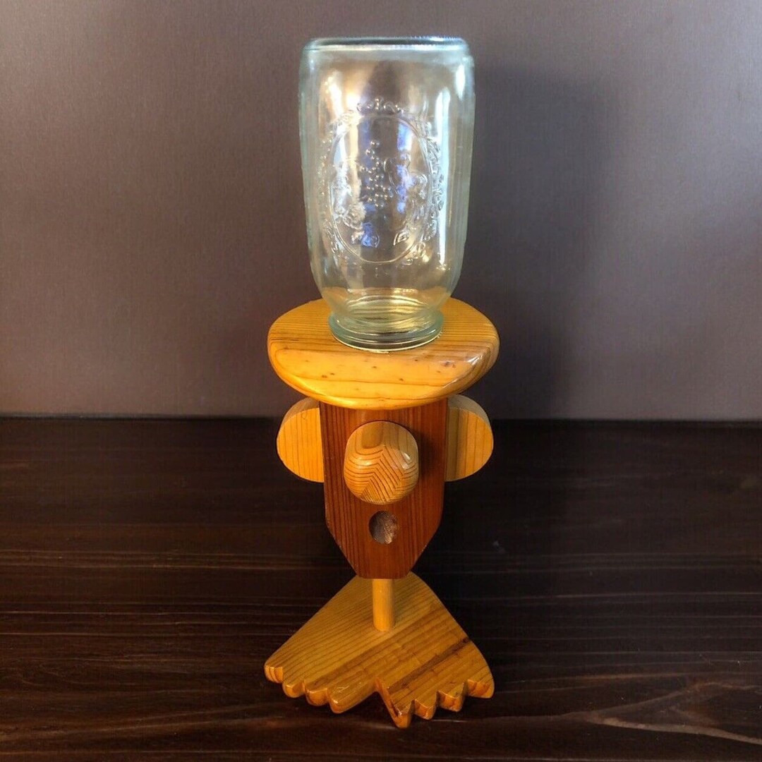 Vtg Handmade Wood Candy Nut Treat Dispenser Glass Mason Jar Big Nose ...