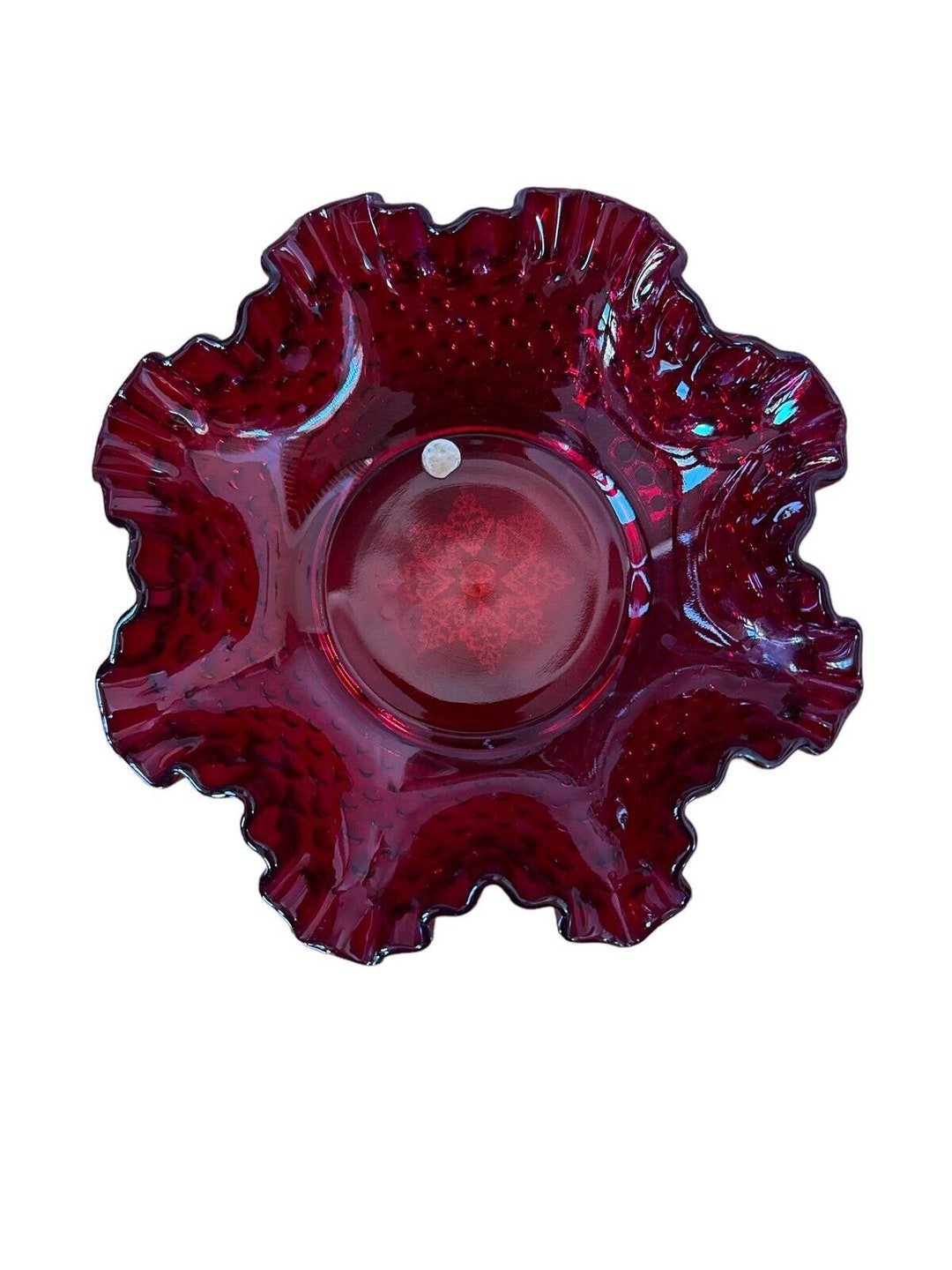 Vintage Fenton Art Glass Ruby Red Hobnail Crimped Ruffled Bowl Dish ...