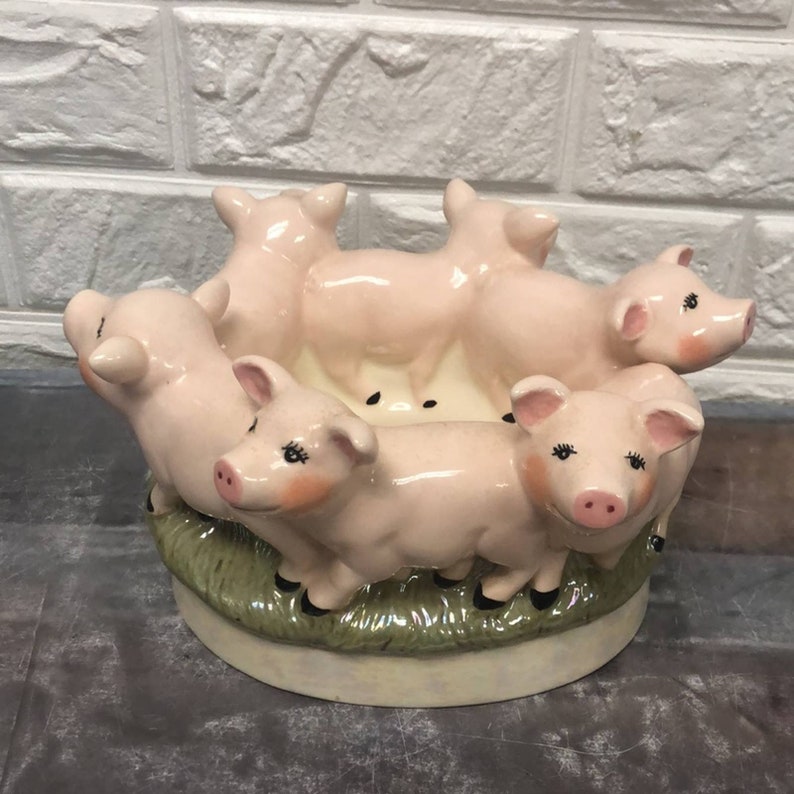 Vintage Holland Mold Hand Painted Circle of Pigs Ceramic Planter 9” X 7 ...