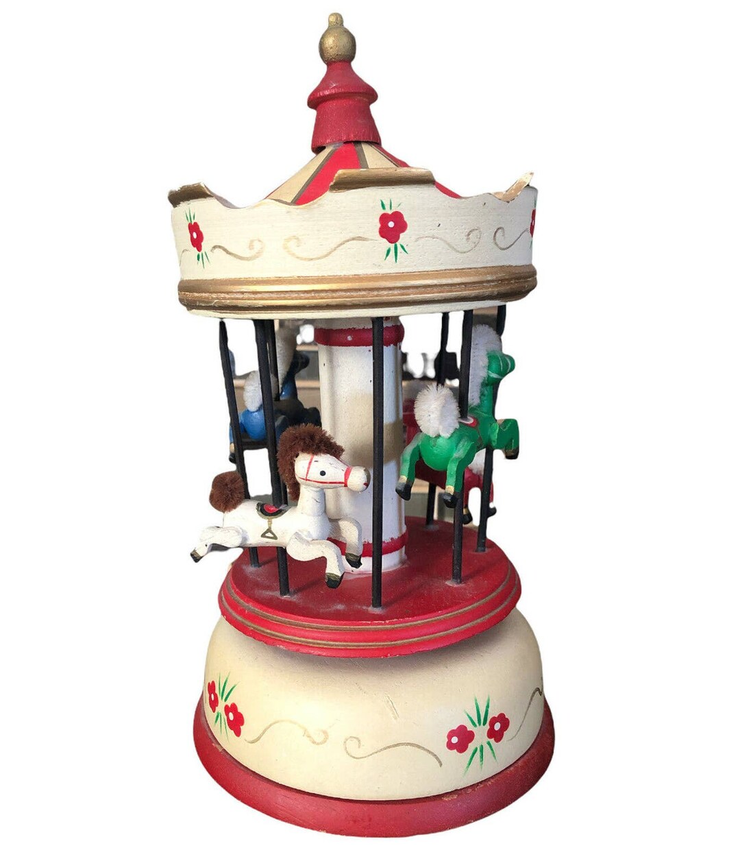 VTG Wind-up Merry Go Round Pony Carousel Music Box Figurine Wooden ...