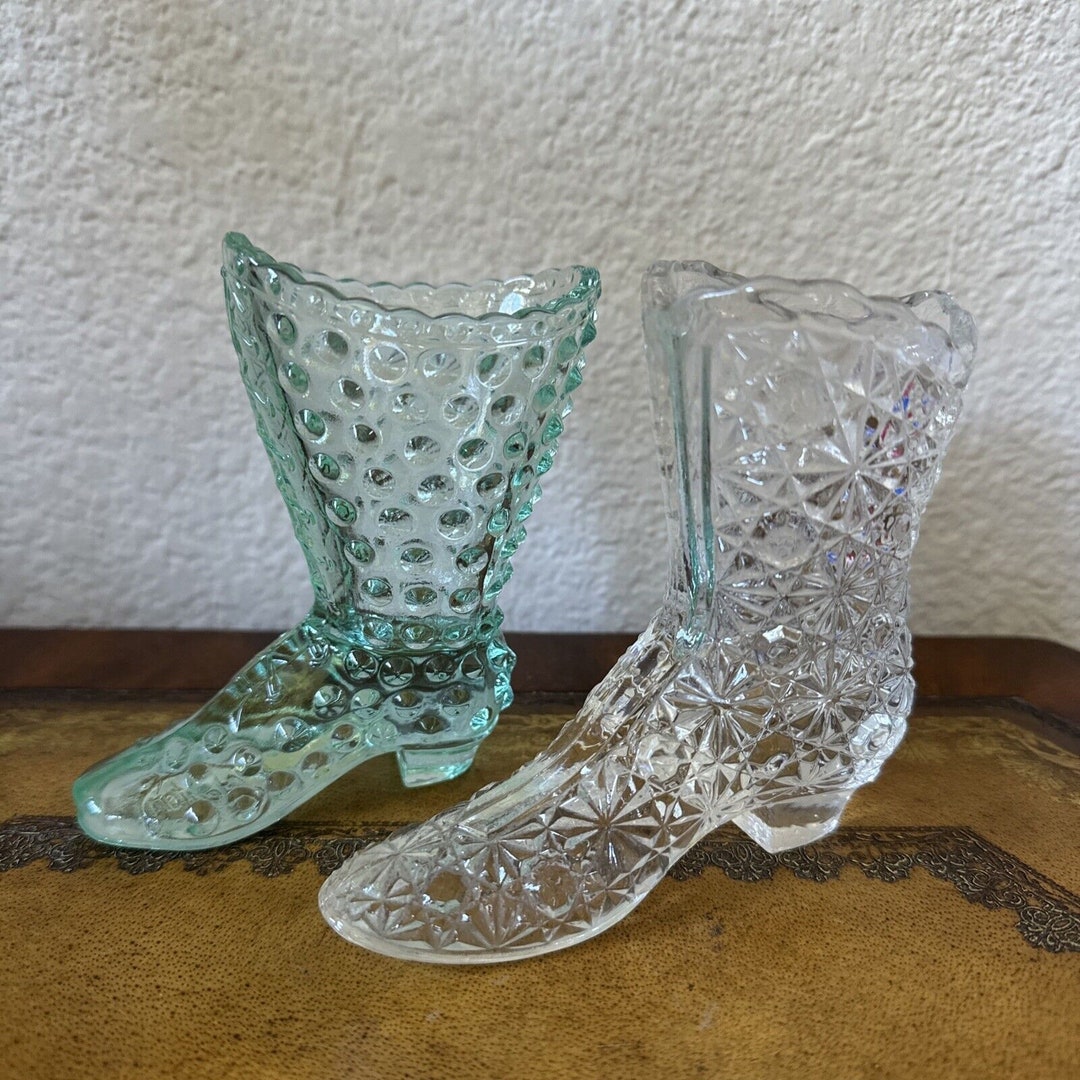 Vintage Fenton Daisy Clear Glass Boot Shoe Figurine Mint Green Hobnail ...