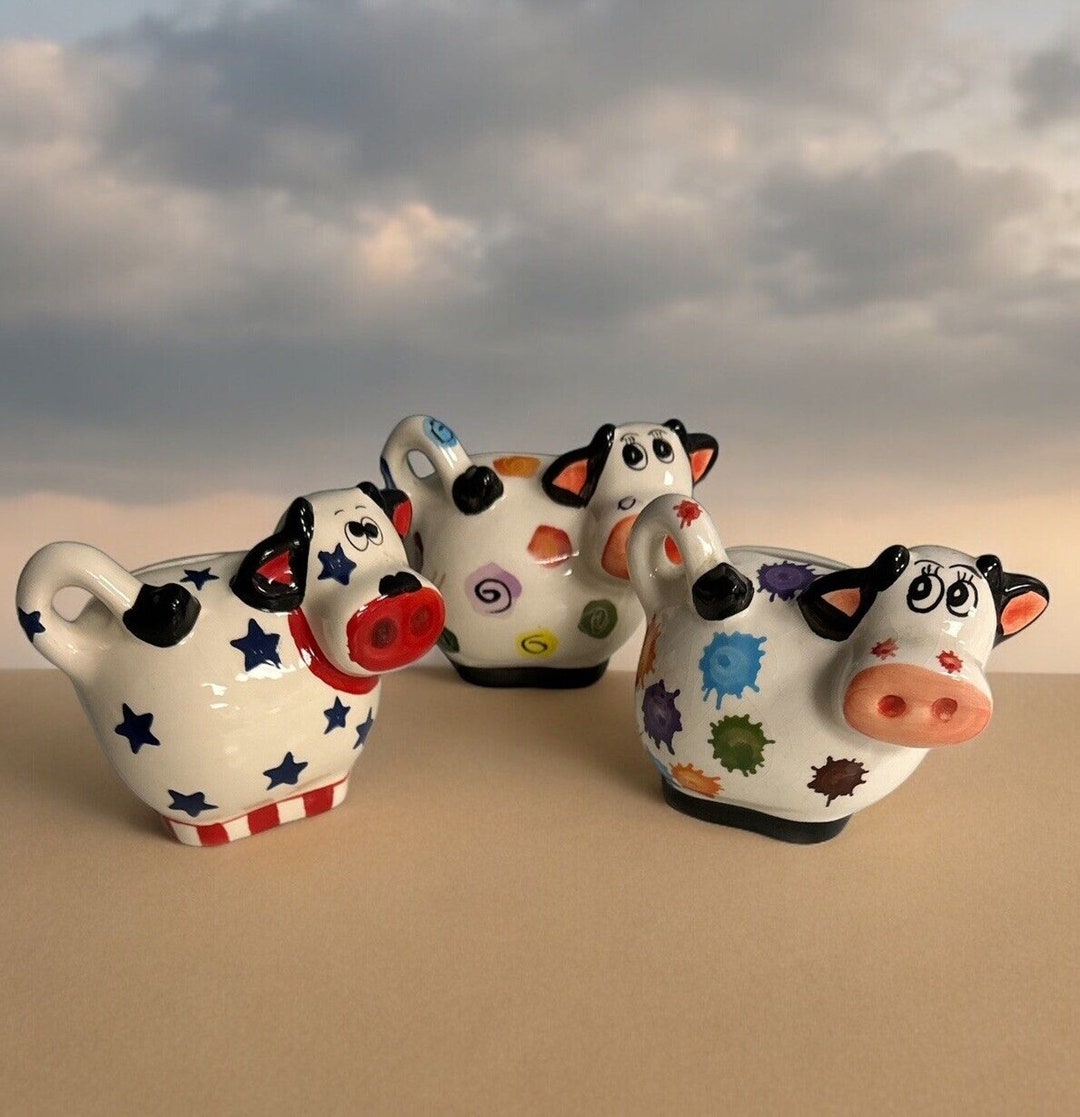 Set of 3 Vintage Cow Piggy Bank White Patched Collectible Ceramic Dairy ...