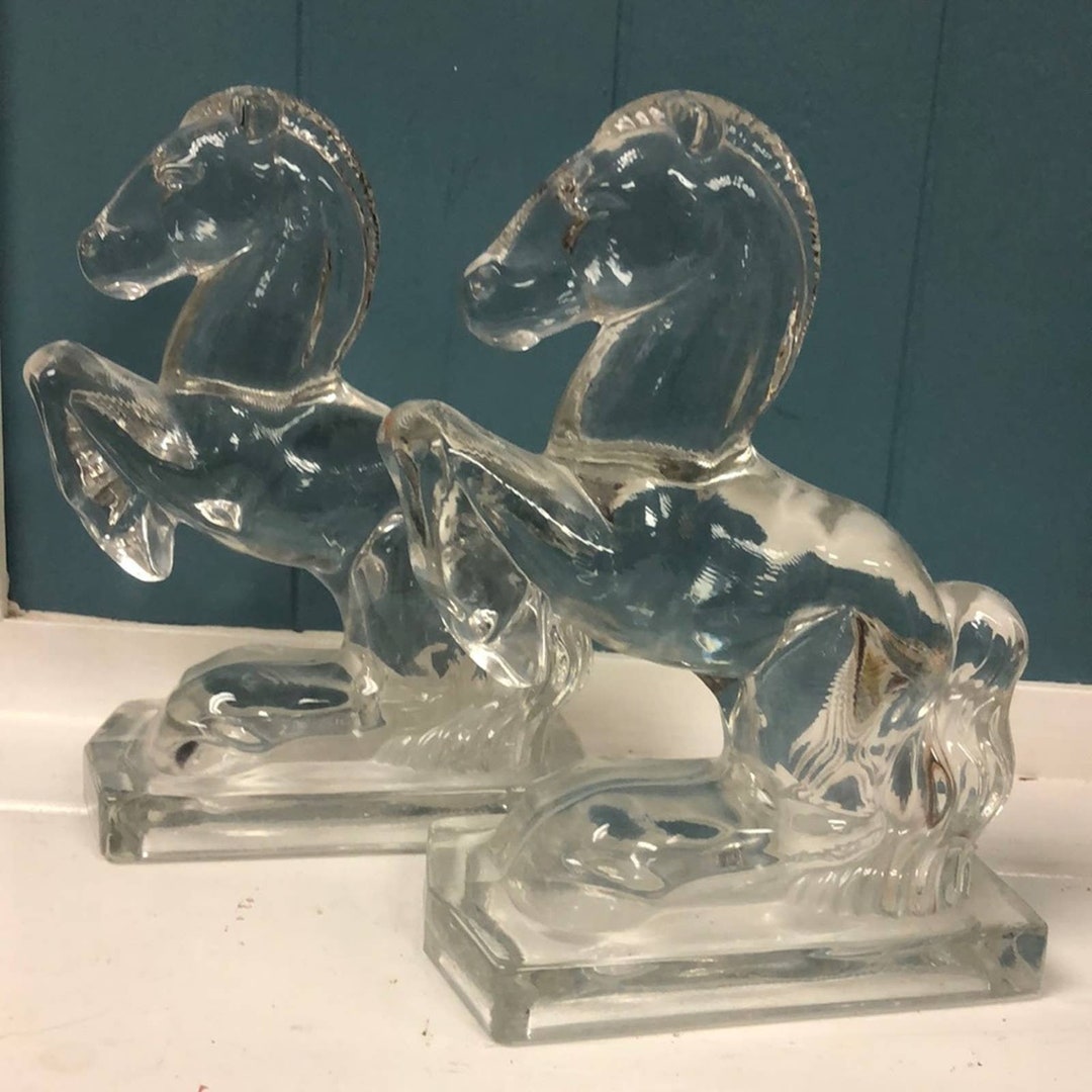 L.E. Smith Pair of Glass Horse Bookends Set of 2 Heavy Clear Glass ...