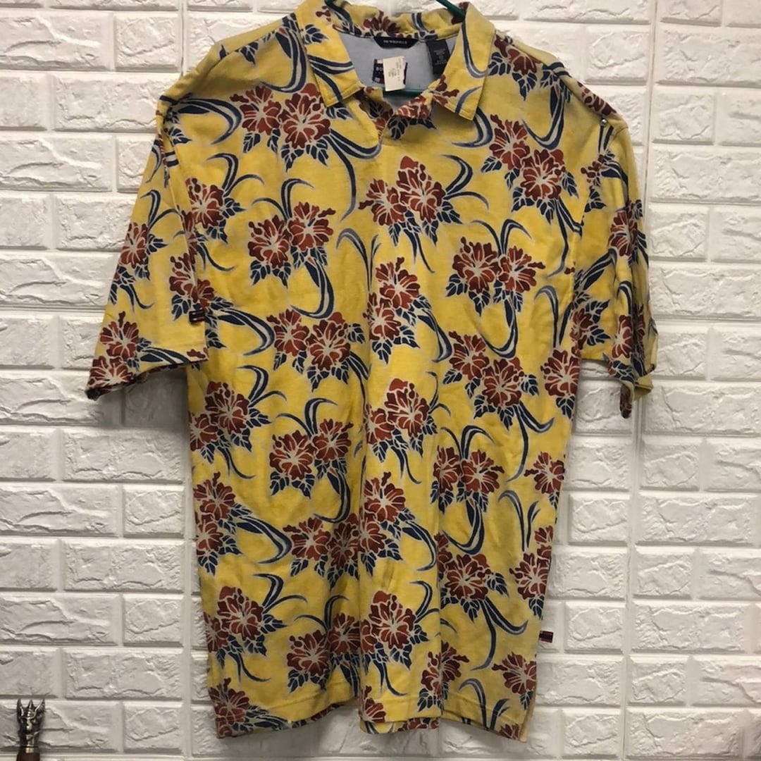 Vtg Bugle Boy No Wrinkle Hawaiian Hibiscus Polo 100% Cotton Old Stock ...