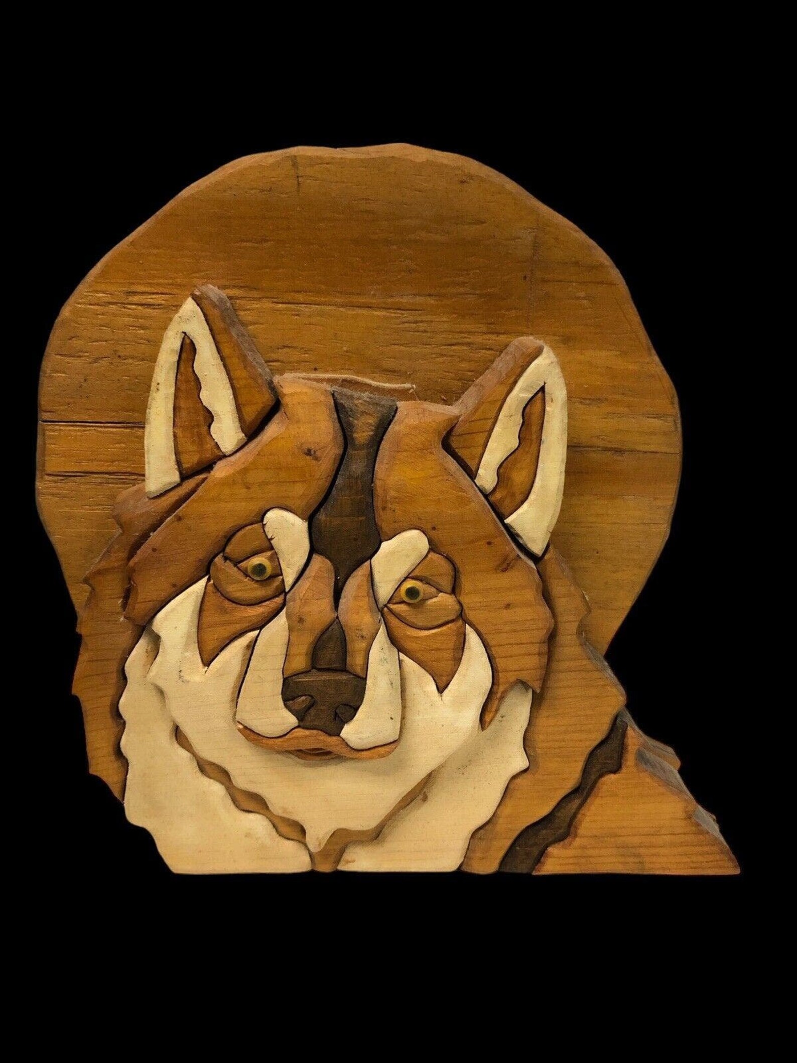 Vtg Wolf Multi Wood Intarsia Jigsaw Pieced Art Plaque Signed Uncle John ...