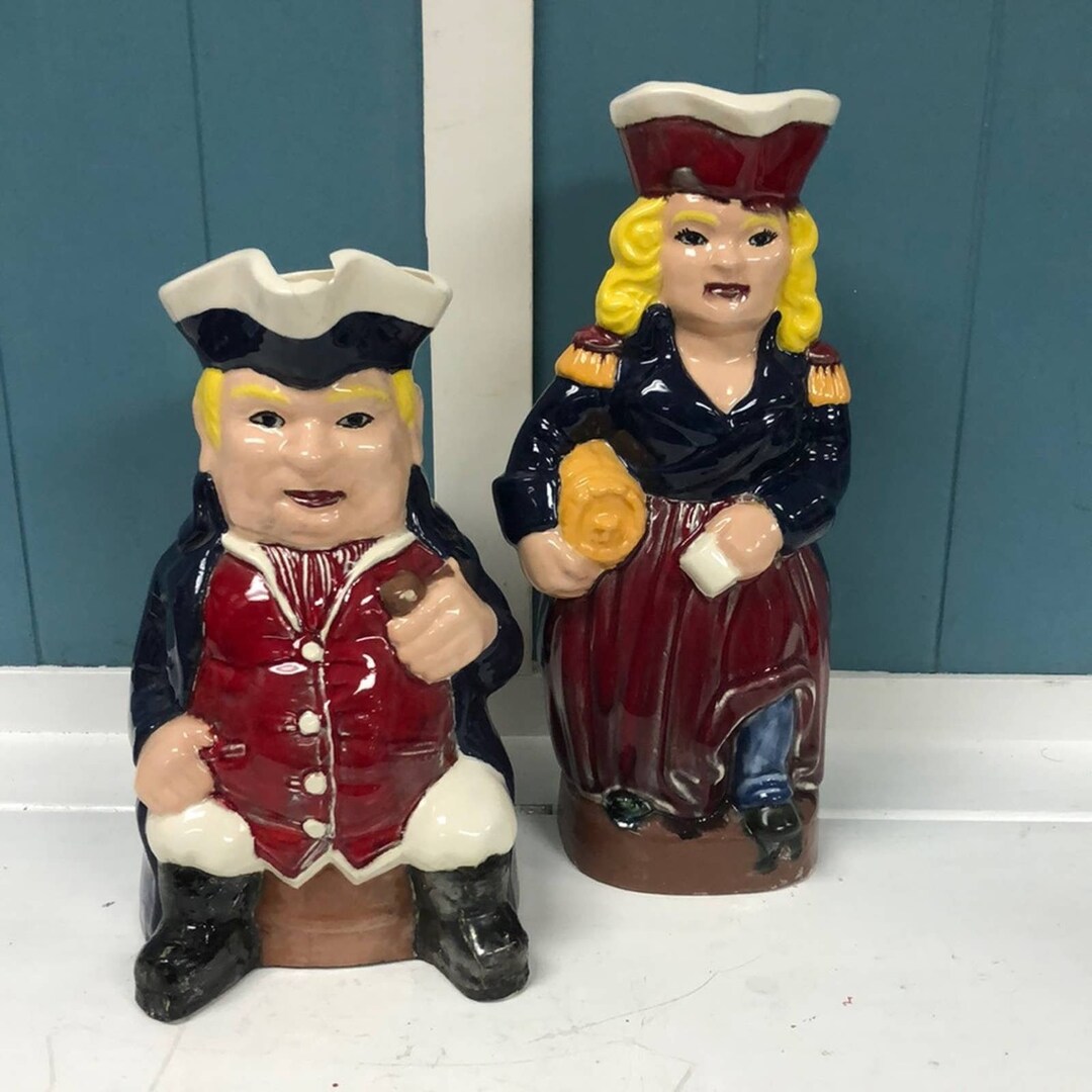 VINTAGE Ceramic Colonial Couple Water/drink 8-12” PITCHERS Hand Painted ...
