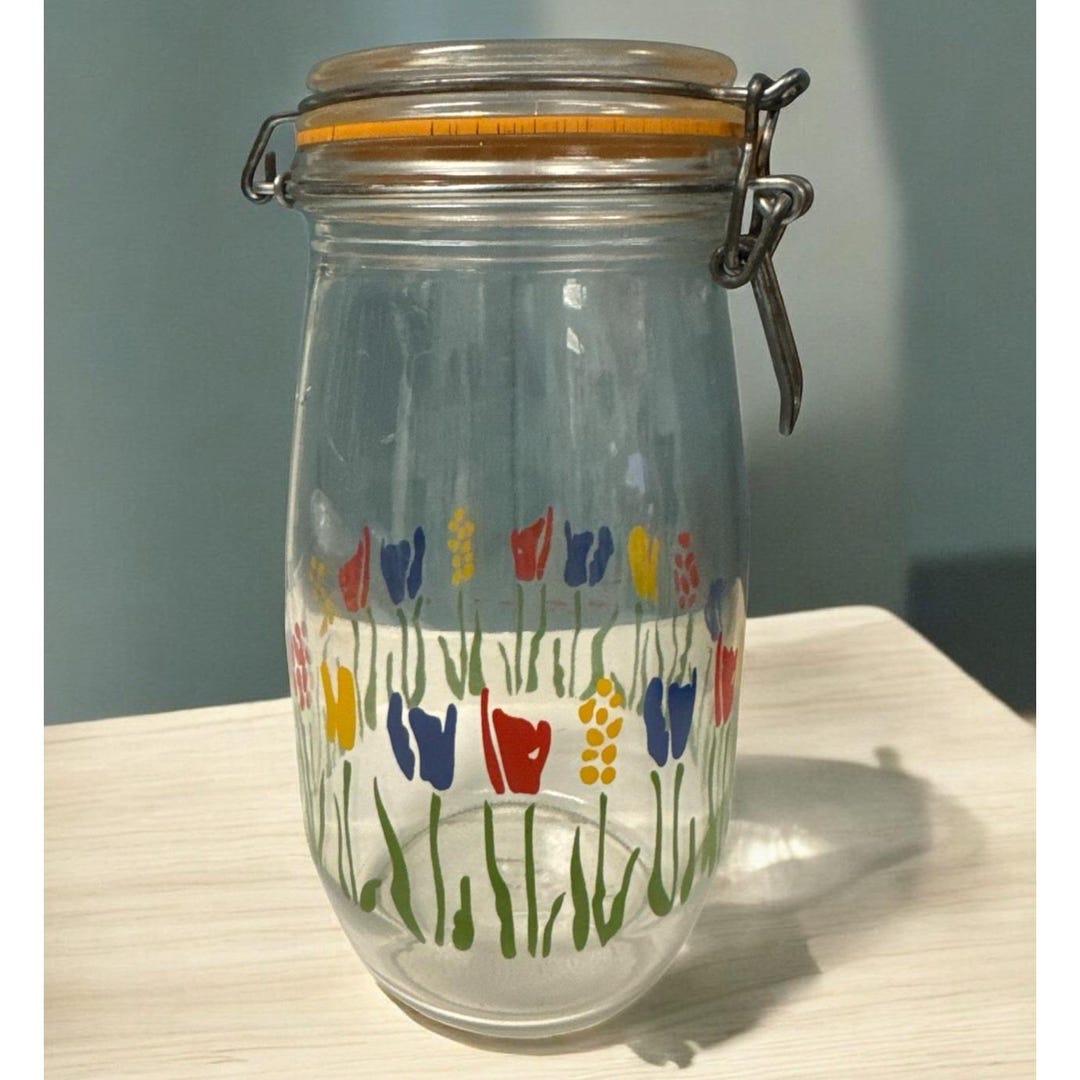 VINTAGE Arc France Glass Tulip Floral Large 9" Clamp Jar Canister 1.5 ...