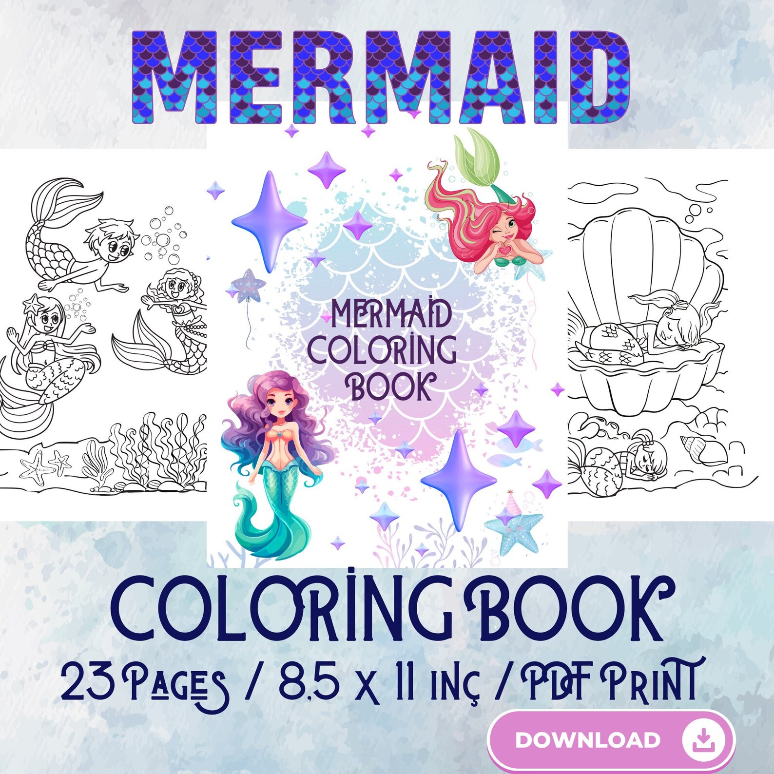 Cute Mermaid Coloring Book for Kids, Cute Mermaid Themed Mermaid ...