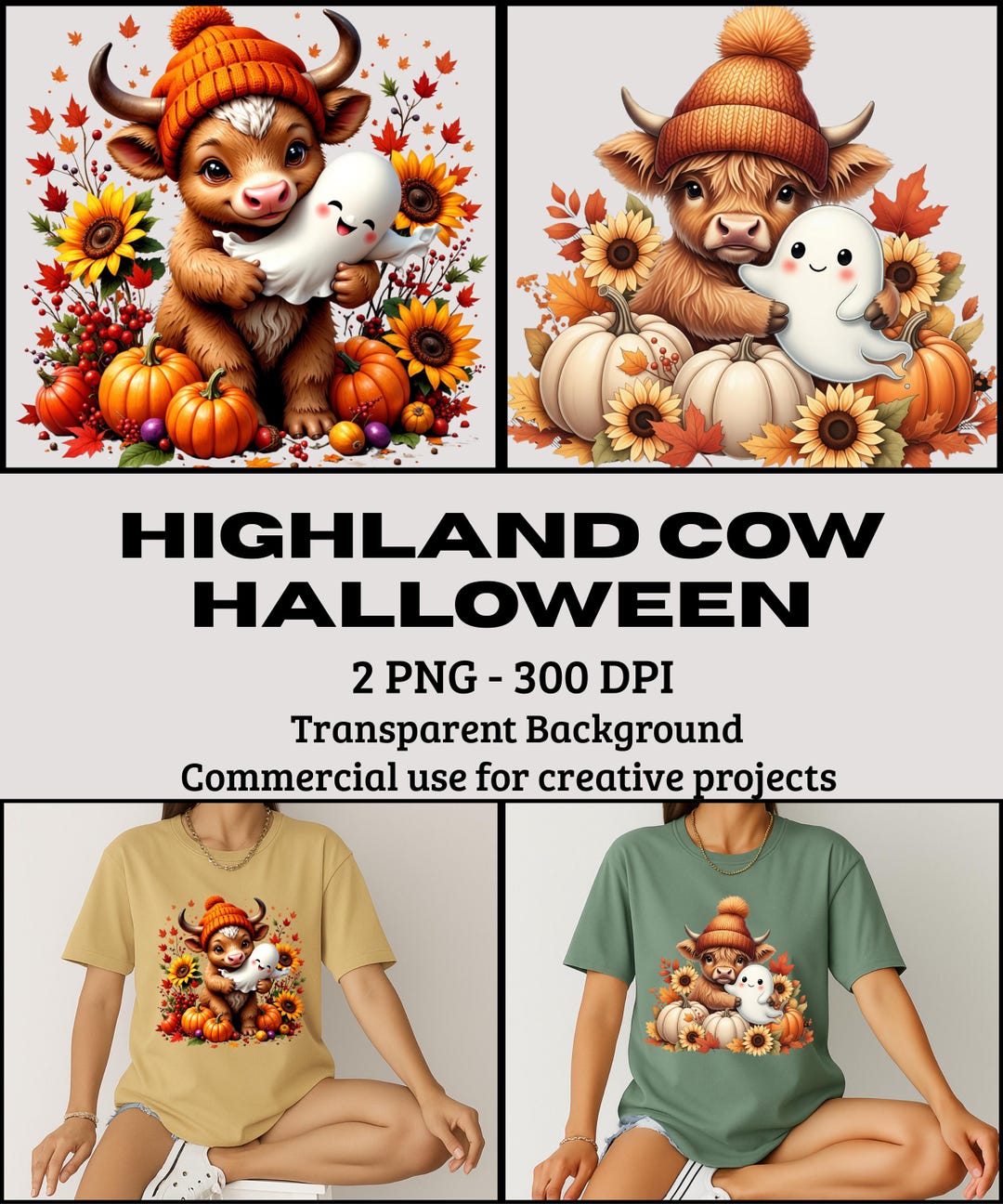 Highland Cow Halloween PNG – Cute Pumpkin Calf Clipart, Cow Lover ...