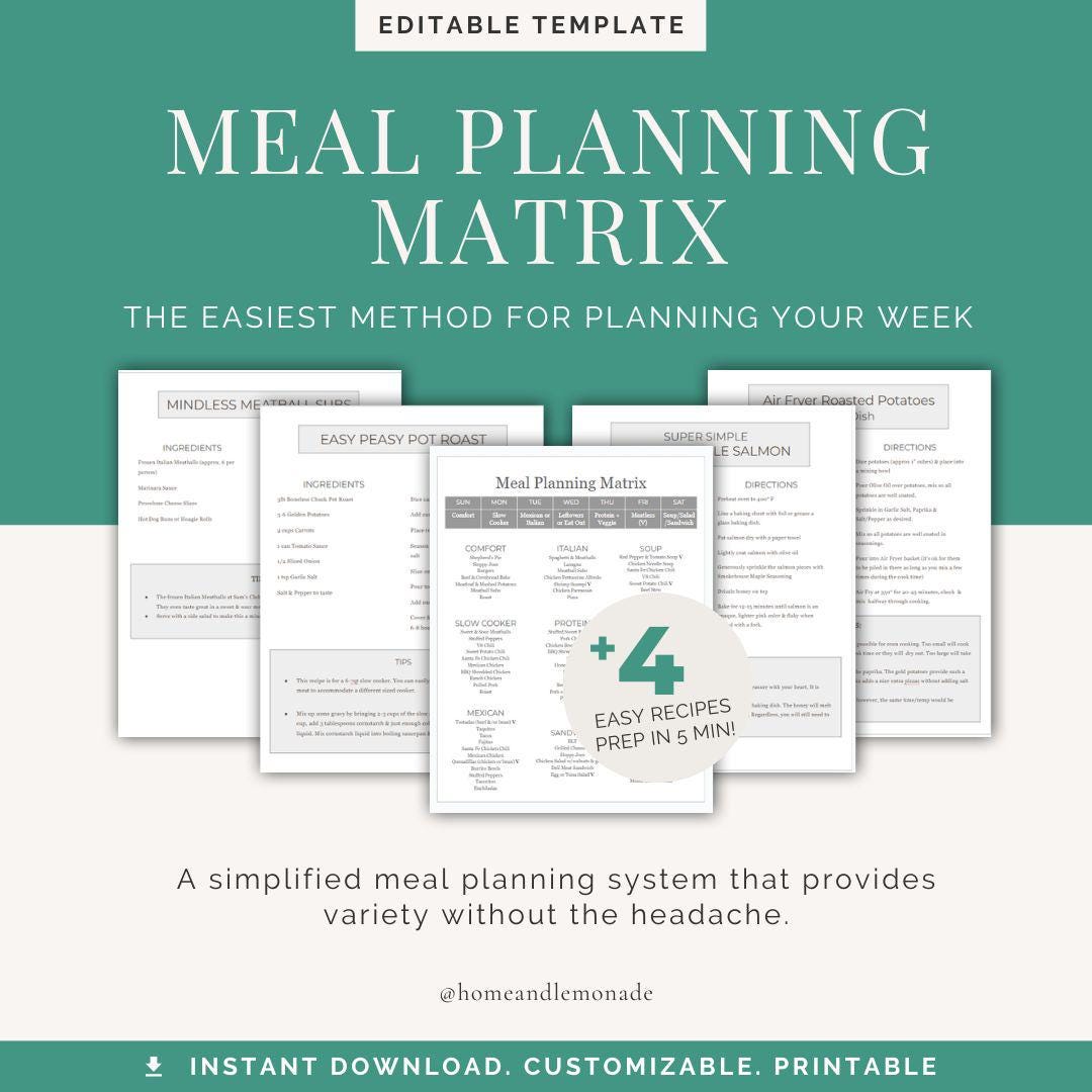 Meal Planning Matrix - EDITABLE TEMPLATE, Digital Download, Printable ...
