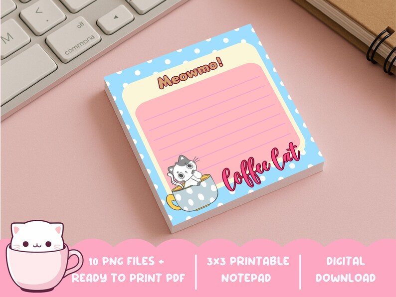 Cute Cat Themed Notepad | 3x3 Printable Sticky Note (PNG + PDF) - Etsy
