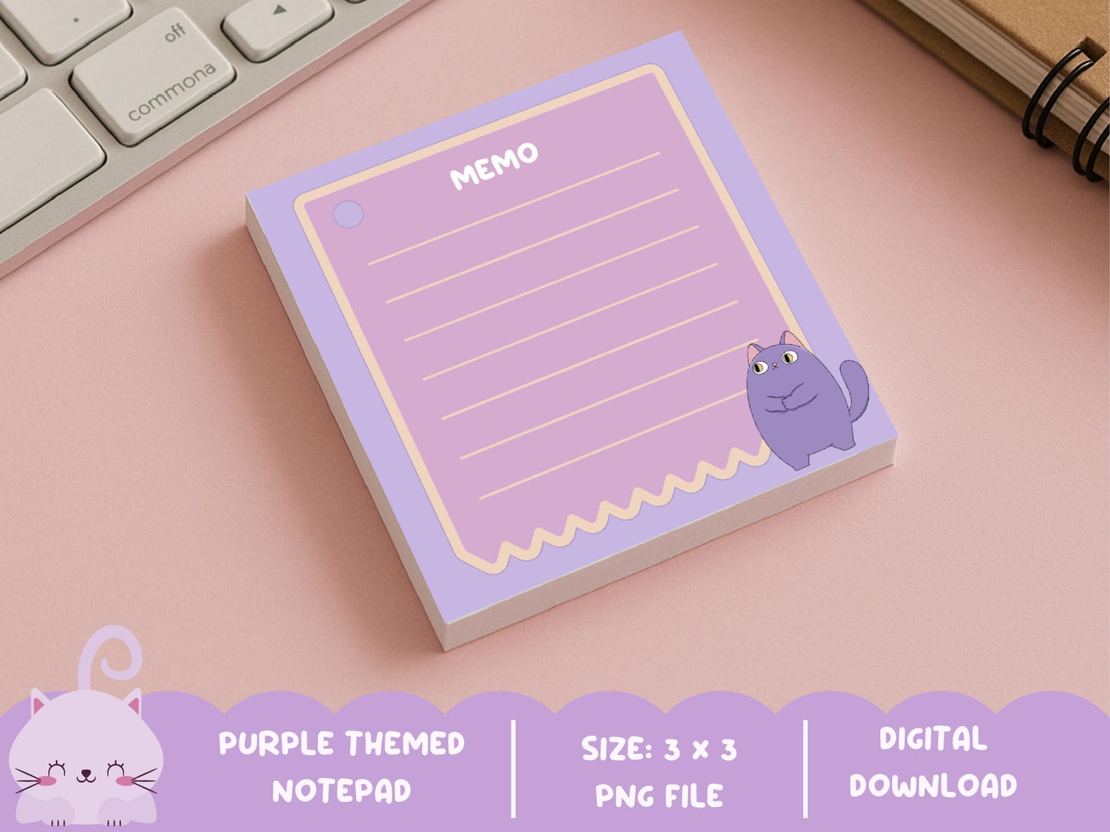 Purple Theme Notepads: 3x3 Sticky Note Style, Printable PNG + PDF ...
