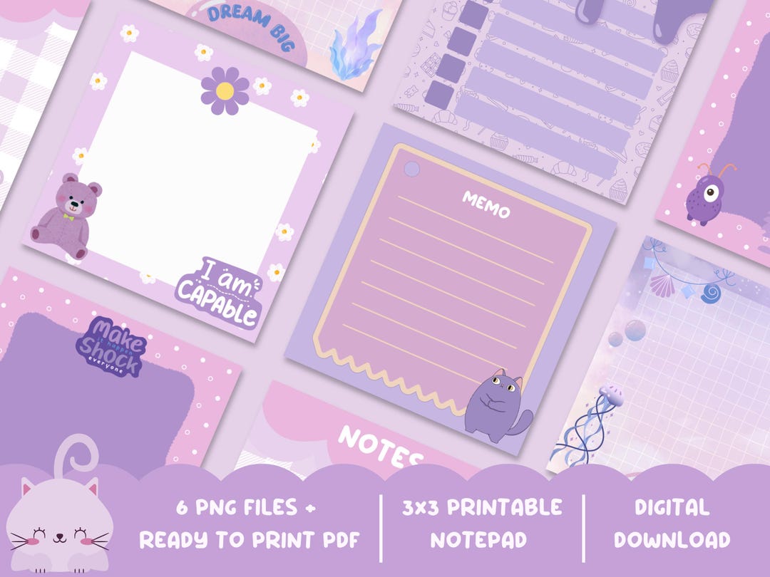 Purple Theme Notepads: 3x3 Sticky Note Style, Printable PNG + PDF ...