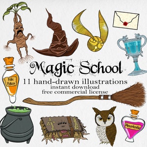 Magic School Clipart, Witch and Wizard Illustration, School Supplies ...