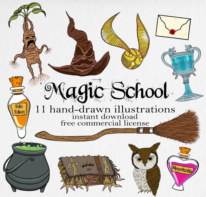 Magic School Clipart, Witch and Wizard Illustration, School Supplies ...