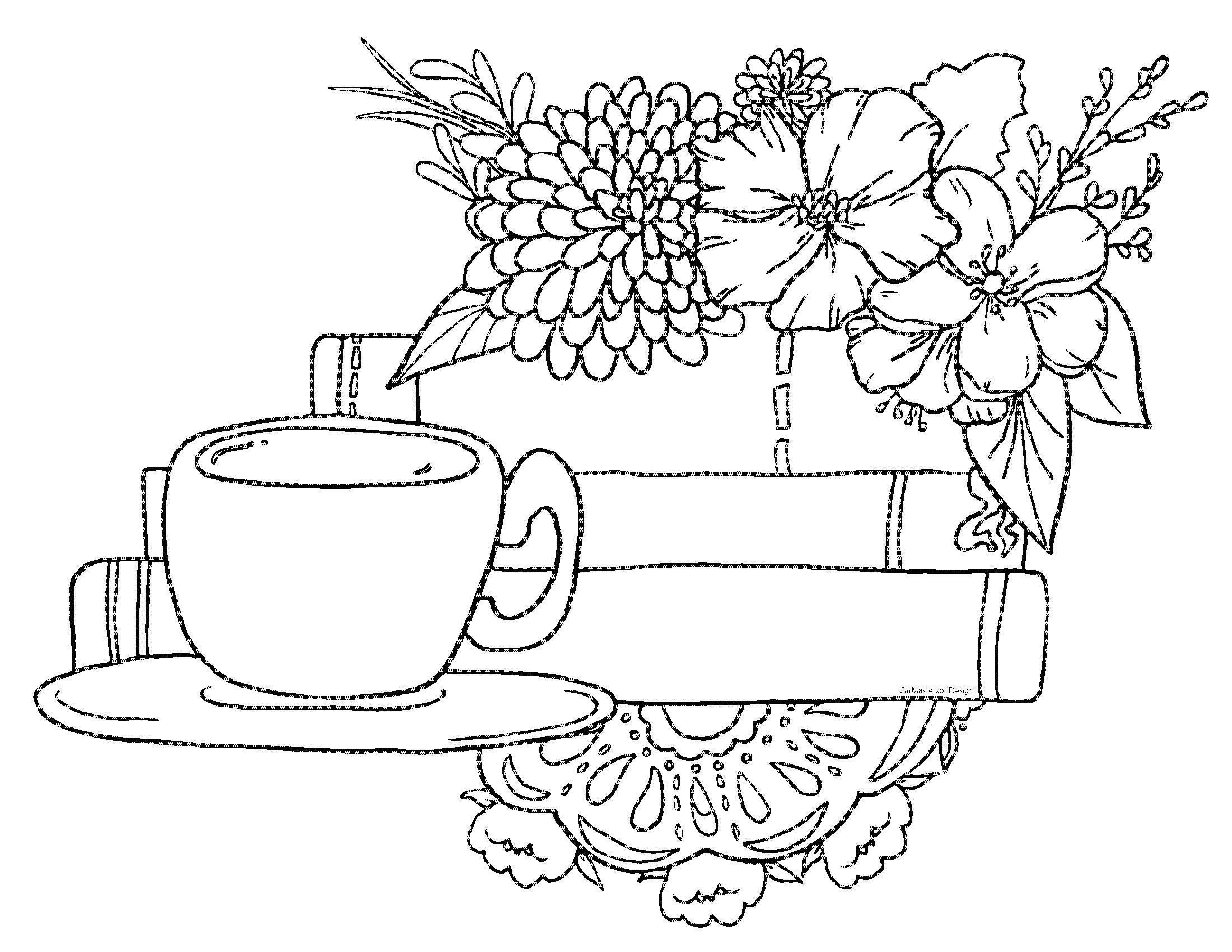 Books and Tea Coloring Page Digital Download PDF & PNG, Hand Drawn ...