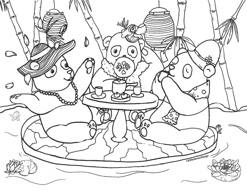 Whimsical Panda Tea Party Coloring Page - Digital Files - PNG and PDF ...