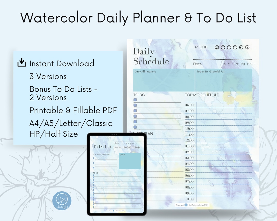 Blue Watercolor Daily Schedule & To-do List Printables (digital ...