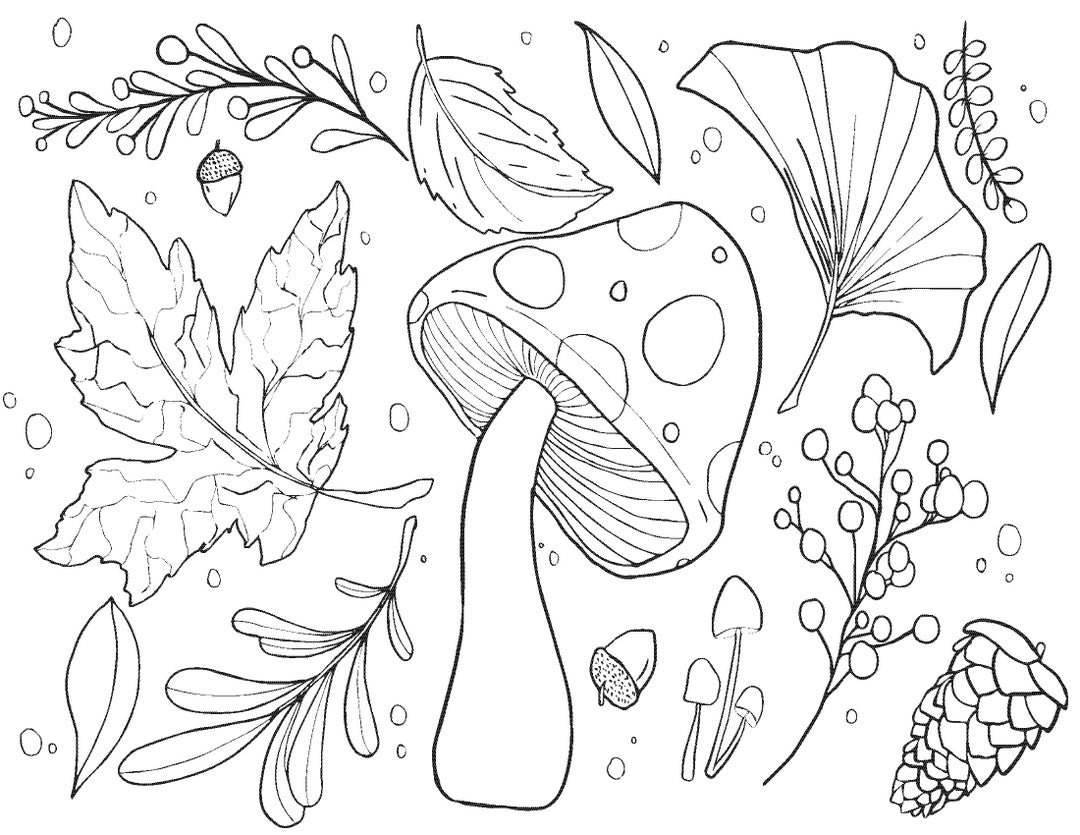 Fall Leaves & Mushrooms Coloring Page: Mindful Autumn Design (digital ...